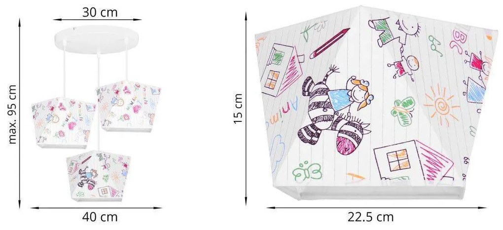 Dětské závěsné svítidlo Diamond, 3x bílé textilní stínítko se vzorem,