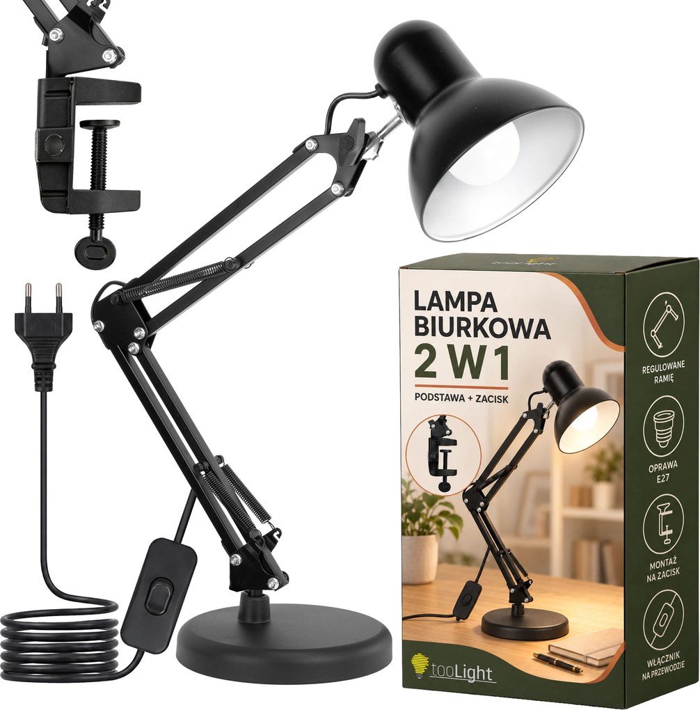 Toolight Toolight, JNH043-1TD, stolní lampa 2v1 s podstavcem a svorkou, 1× E27, černá, OSW-56234