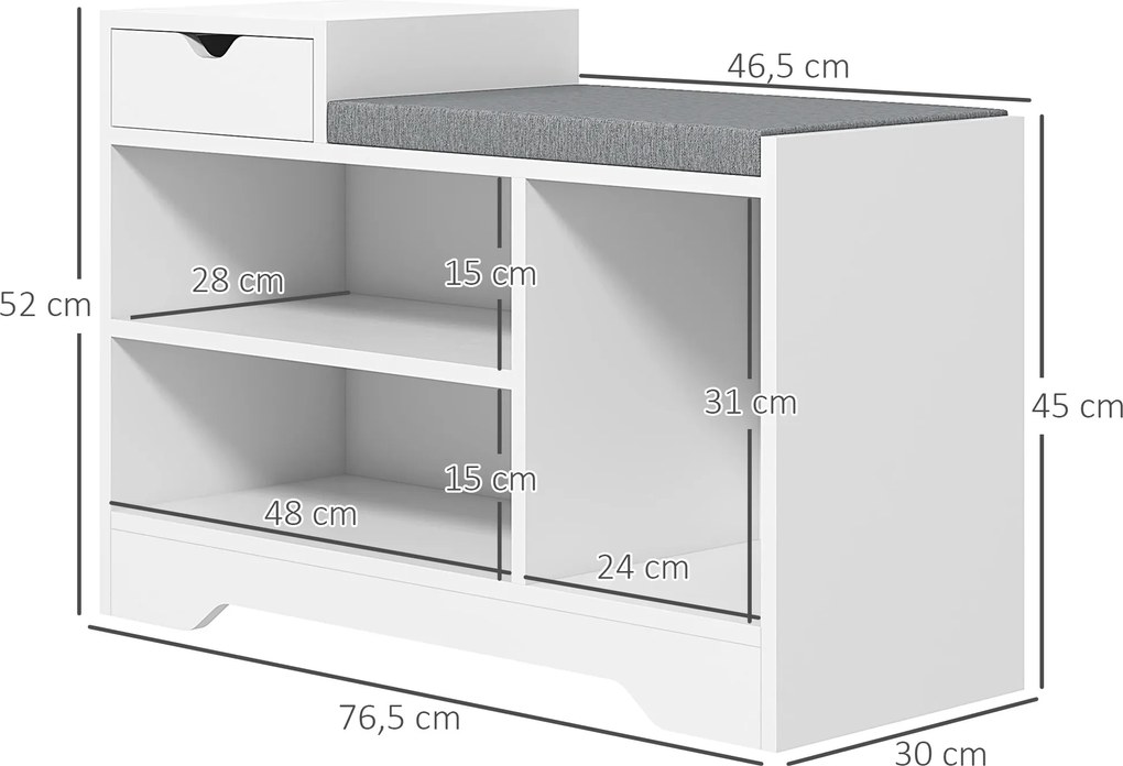 HOMCOM Botníková lavice, úložná lavice, 1 zásuvka a 3 přihrádky, nábytek do předsíně s polstrovaným sedákem, pro chodbu, předsíň, ložnici, 76,5 x 30 x