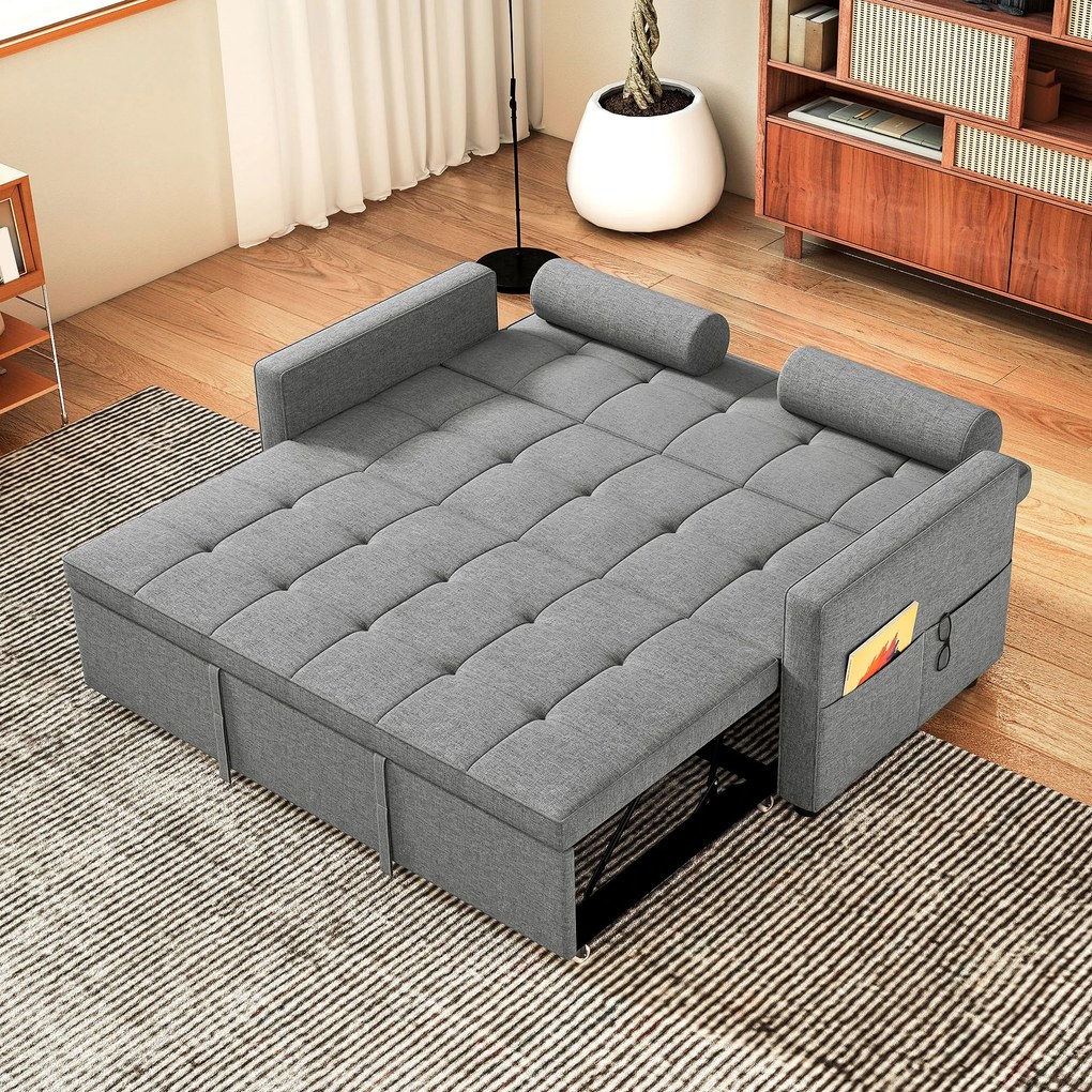 HOMCOM 2místná rozkládací pohovka 3‑v‑1 s dvojlůžkem, nastavitelným opěradlem a 2 polštáři 151x137,5x84 cm, šedá