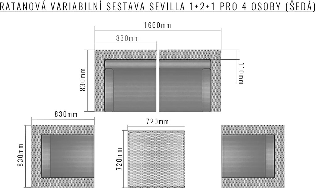 DEOKORK Ratanová variabilní sestava SEVILLA 1+2+1 pro 4 osoby (šedá)