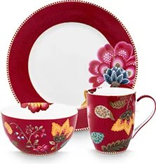Pip Studio Blooming Tales snídaňová sada - tmavě červená (Porcelánová sada na snídani - třídílná )