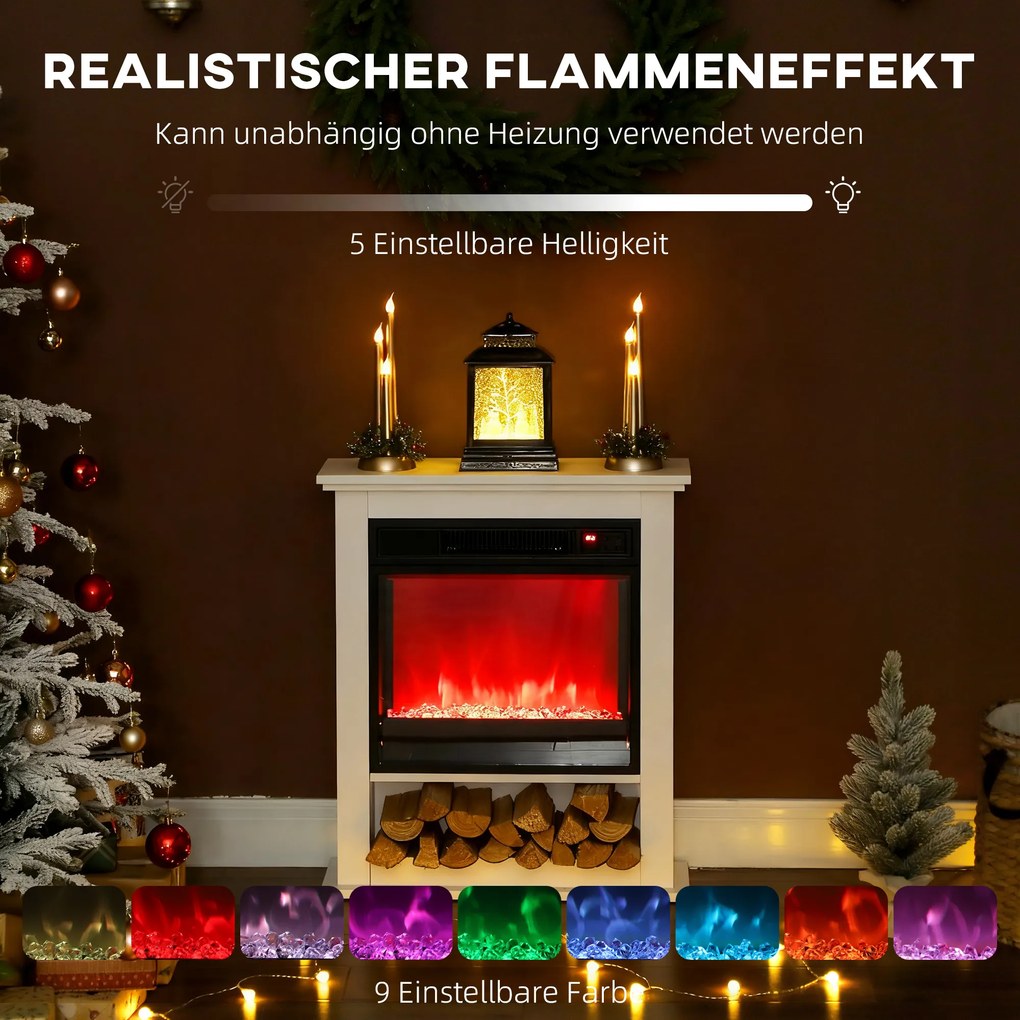 HOMCOM Elektrický krb, realistické plameny se 9 barvami, nastavitelná jasnost, 1800W, dálkové ovládání, časovač, bílá