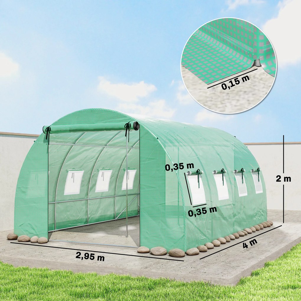 Outsunny Skleník cca 4 x 3 x 2 m Fóliový skleník s rolovací tyčí 2 dveře na zip a 8 oken se síťkou Podpěrné tyče Zelená barva