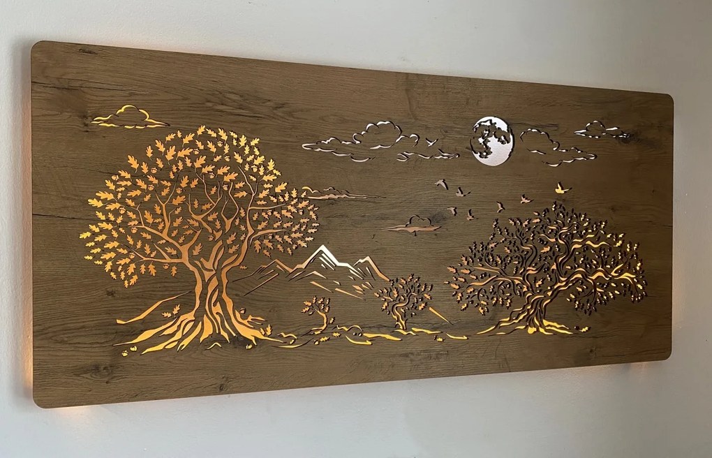 Li-Go "Čtyři duby a měsíc" světelný obraz 230V 130x60 cm provedení povrchu: bříza