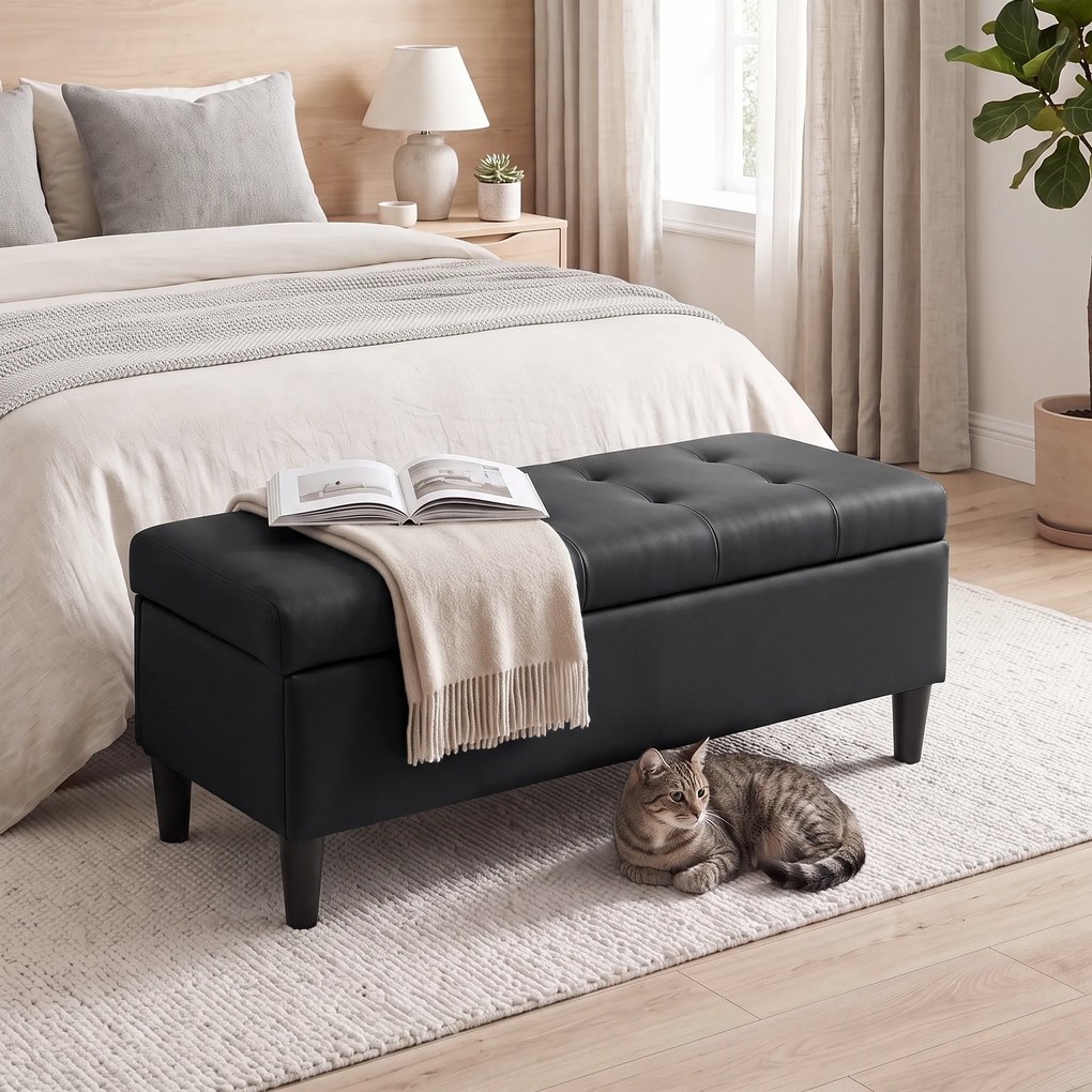HOMCOM lavice s úložným prostorem 136L, velký úložný puf 110x41x42 cm, vhodný pro domácí mazlíčky, umělá kůže, černá