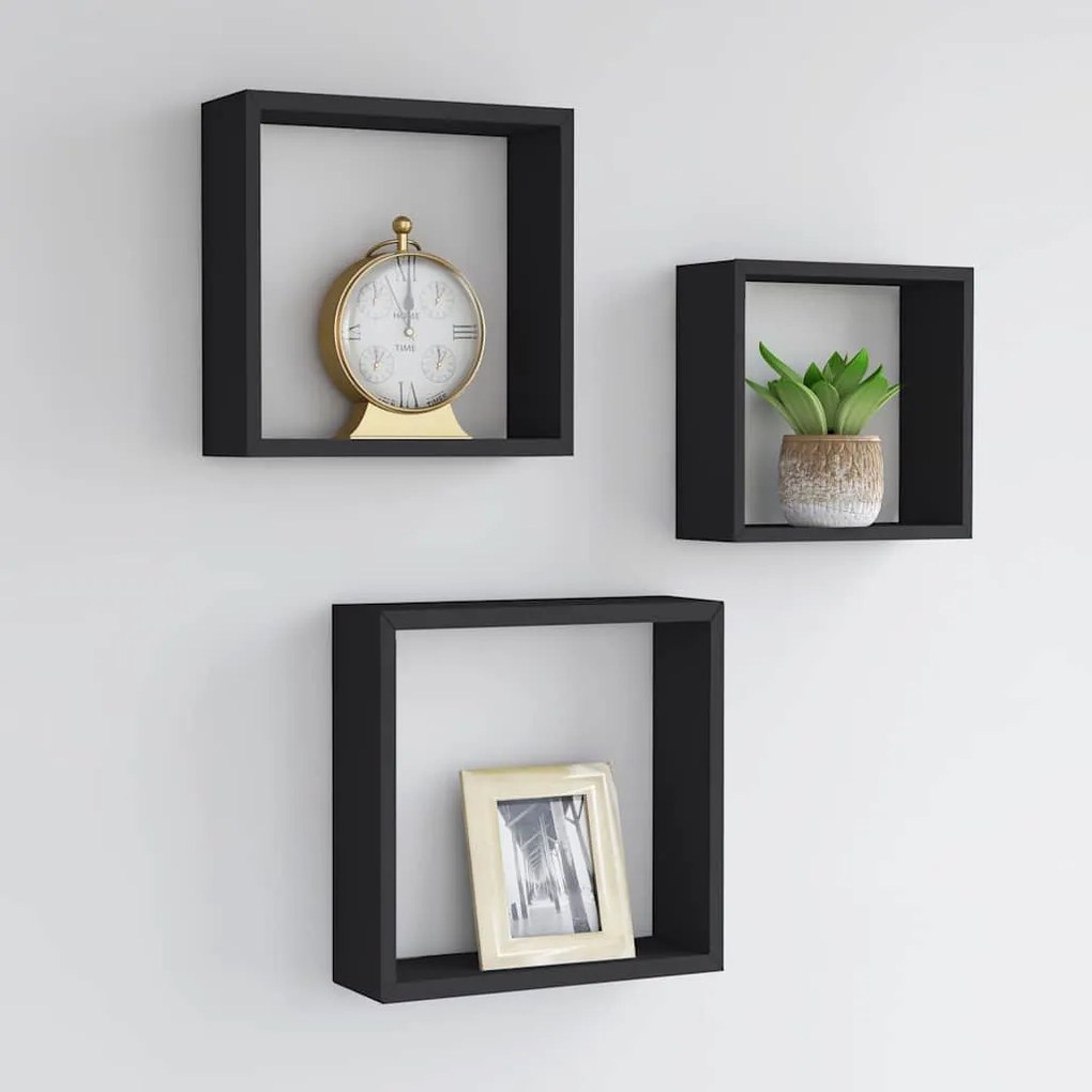 Nástěnné police kostky 3 ks černé MDF 323950