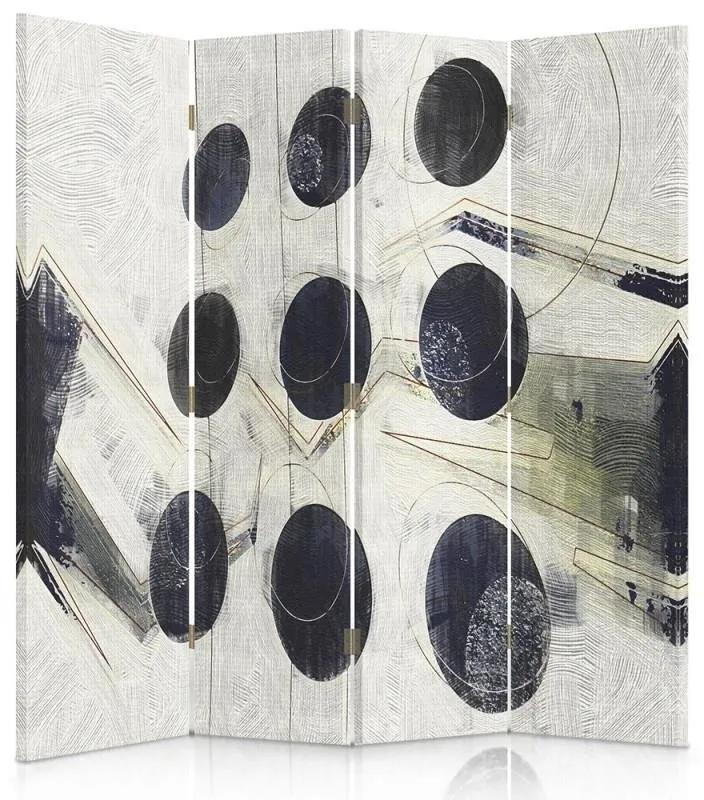Ozdobný paraván Abstraktní koule černá a bílá - 145x170 cm, čtyřdílný, obustranný paraván 360°