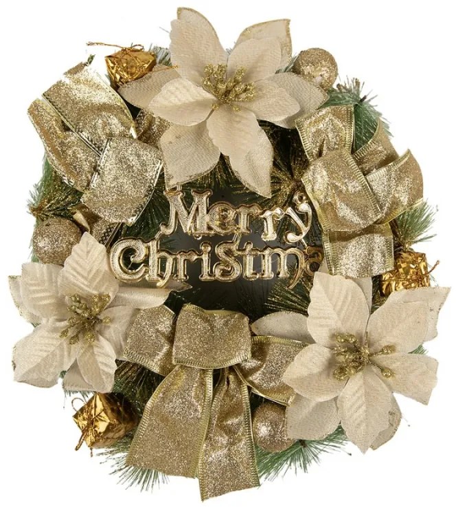 Zlatý vánoční věnec s květinami a nápisem Merry Christmas – 30 cm