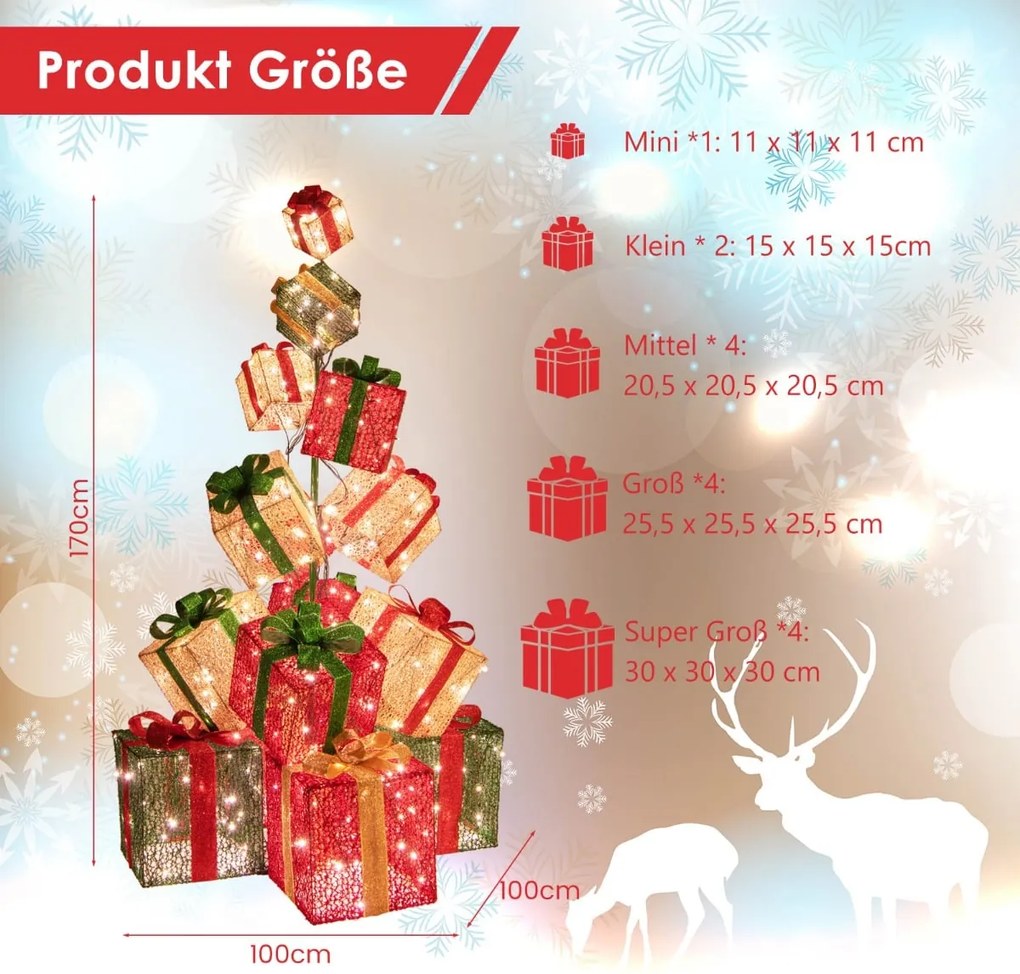 Costway 170 cm Sada dárkových krabiček s osvětlením 15 Naskládané přednastavené