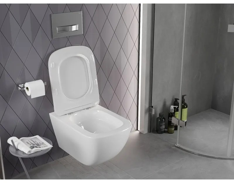 Mexen Timo, závěsná WC mísa 555x370x335 mm, Rimless Tornádo + WC sedátko z duroplastu, bílá lesklá, 30650200T