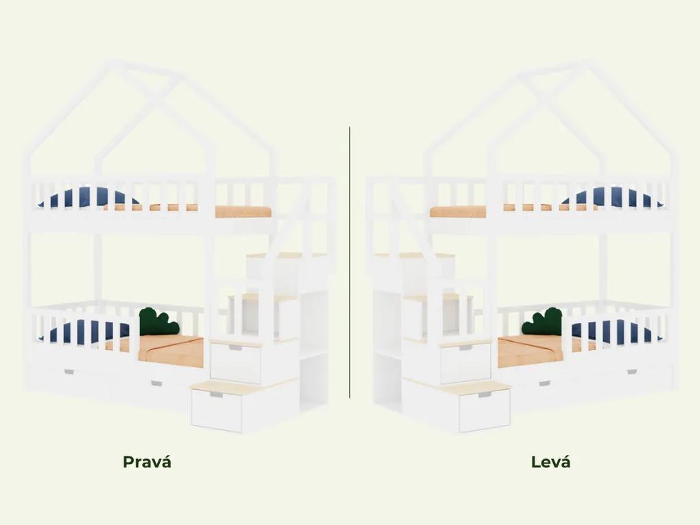 WoodPassion Domečková patrová postel PALÁC s úložnými schody 90x200 cm Zvolte barvu: Bílá - Přírodní, Zvolte šuplík: Dvojitý úložný šuplík, Zvolte stranu: Vpravo