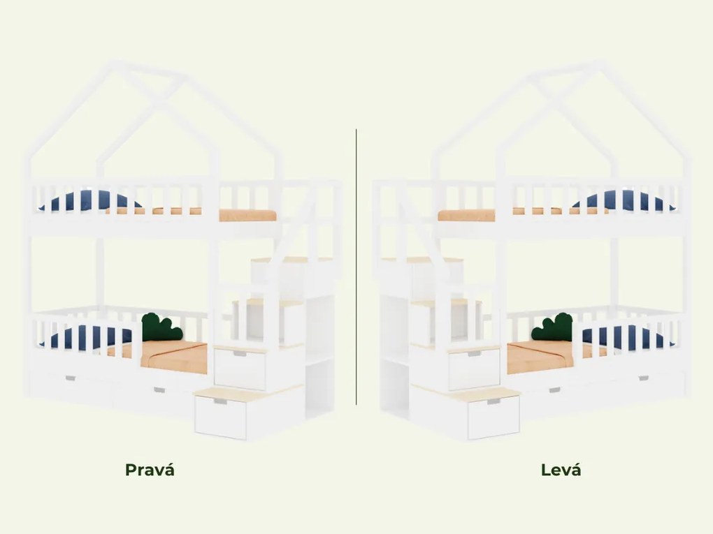 WoodPassion Domečková patrová postel PALÁC s úložnými schody 90x200 cm Zvolte barvu: Bílá - Přírodní, Zvolte šuplík: Úložný šuplík, Zvolte stranu: Vpravo