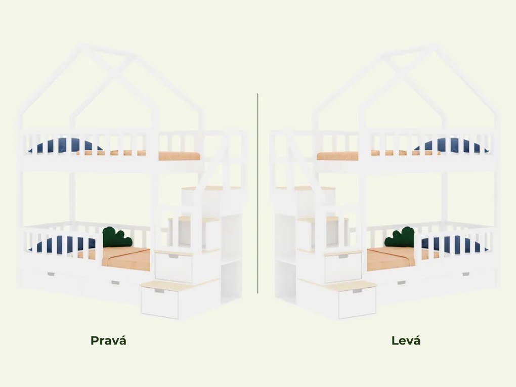 WoodPassion Domečková patrová postel PALÁC s úložnými schody 90x200 cm Zvolte barvu: Bílá, Zvolte šuplík: Dvojitý úložný šuplík, Zvolte stranu: Vlevo