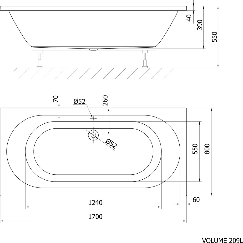 Aqualine JIZERA vana 170 x 80 x 39 cm bez nožiček bílá G1780