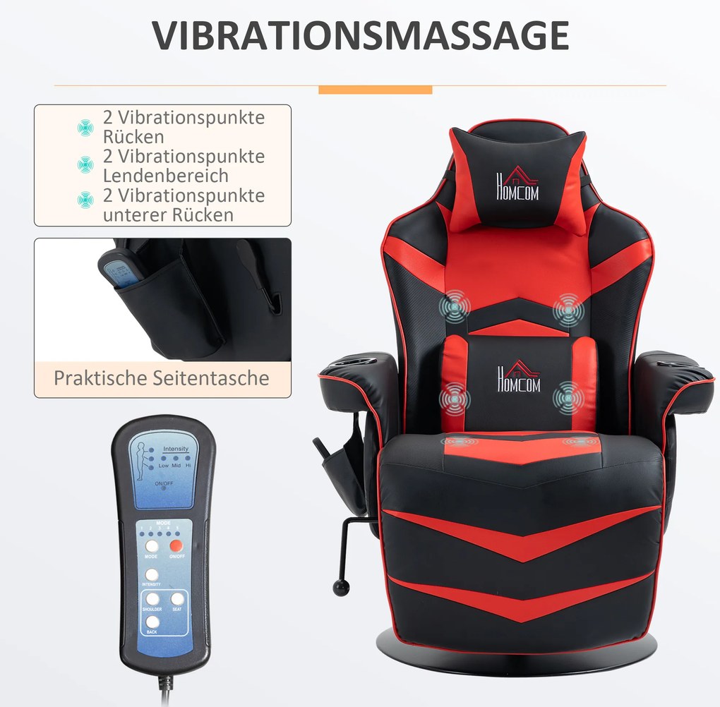 HOMCOM polohovací křeslo s masážní funkcí, ergonomické, lounge křeslo s vysokým opěradlem, polštářem, držákem na nápoje, TV křeslo, imitace kůže | Ao…