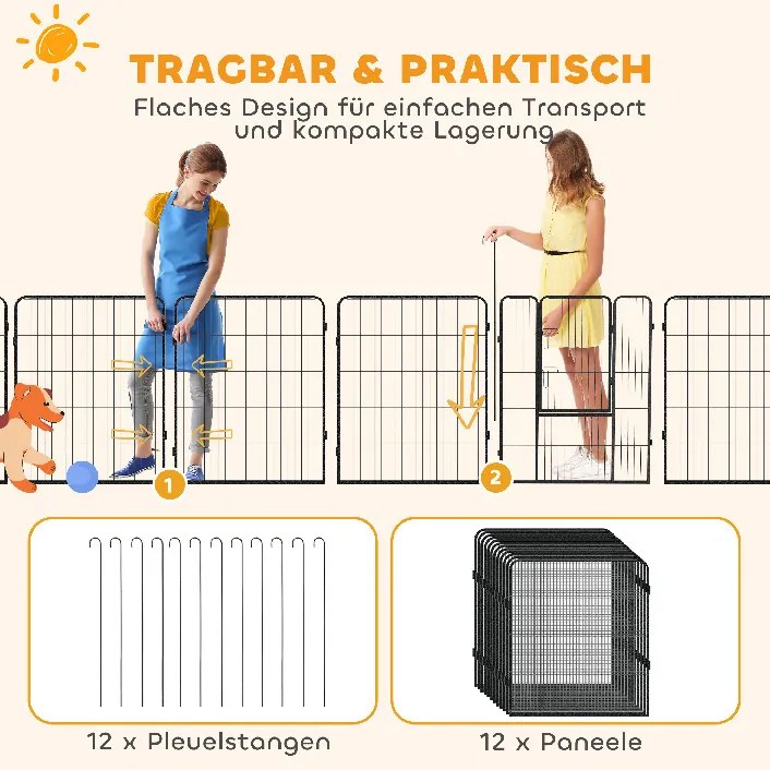 Ohrádka pro štěňata 12dílný výběh pro štěňata skládací se 2 dvířky 12 panelů z ocelové sítě, každý o rozměrech 80x100 cm šedá