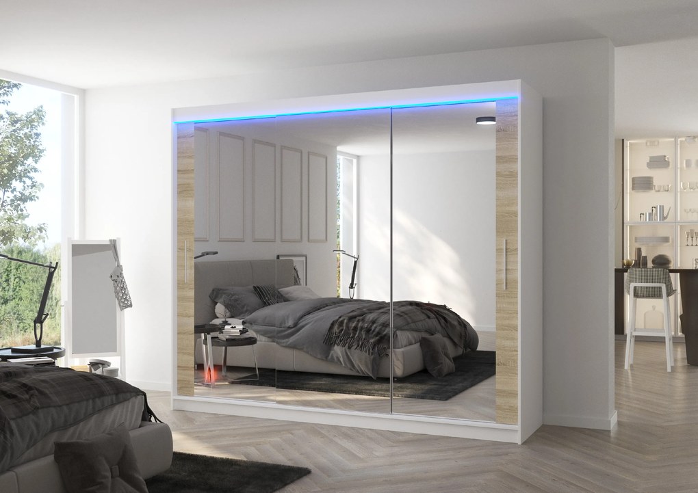 ADRK Furniture Posuvná skříň se zrcadlem a LED osvětlením CHESTER 250
