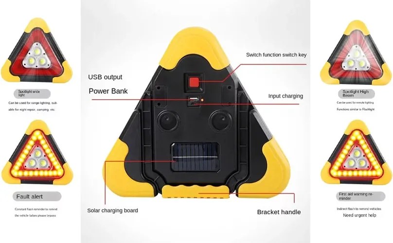 LED výstražný trojúhelník se svítilnou, powerbankou a solárním nabíjením