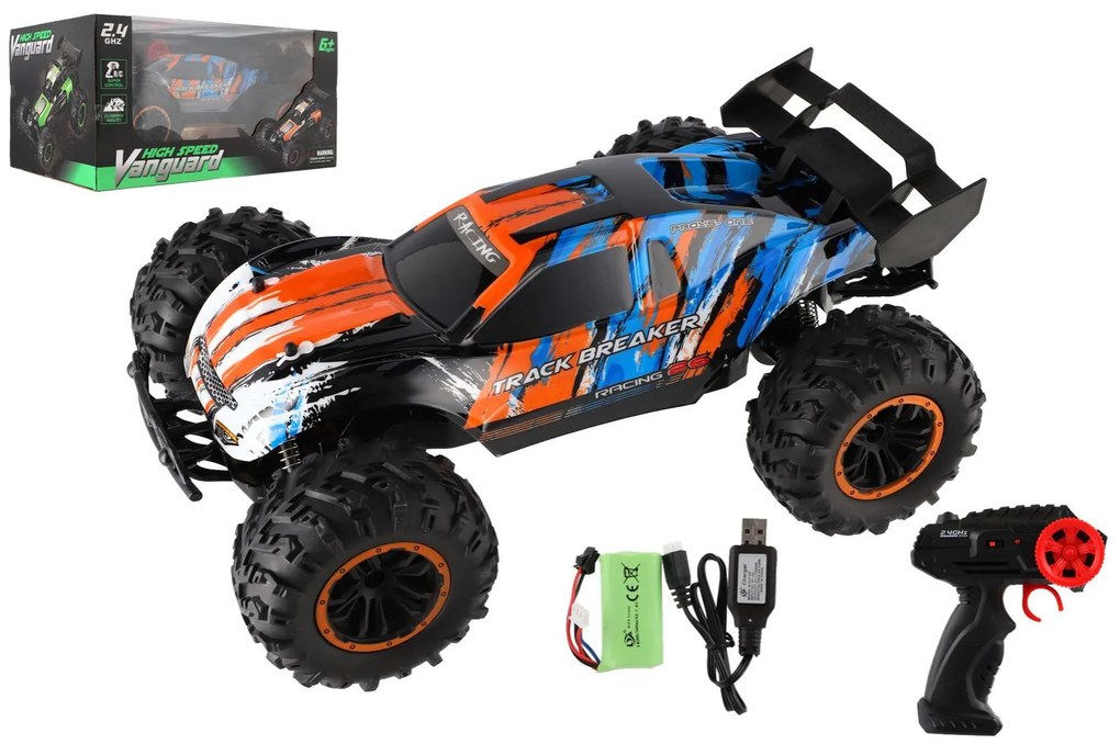 Auto RC Buggy rychlostní 2,4GHz plast 40cm dobíjecí pack+baterie oranžové-modré v krabici 42x21x28cm