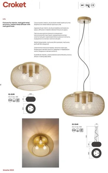 Redo 01-3139 - Stropní svítidlo CROKET 3xE27/42W/230V pr. 40 cm zlatá