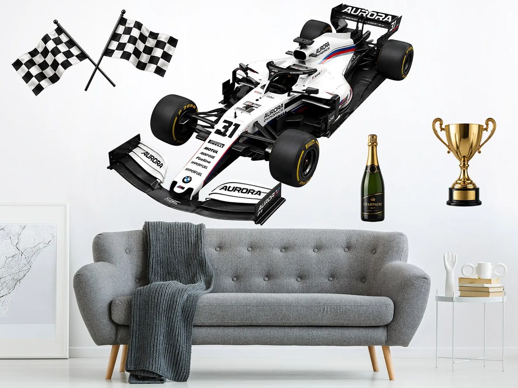 Bílá formule F1 textilní přelepitelná samolepka na zeď arch 100 x 73 cm