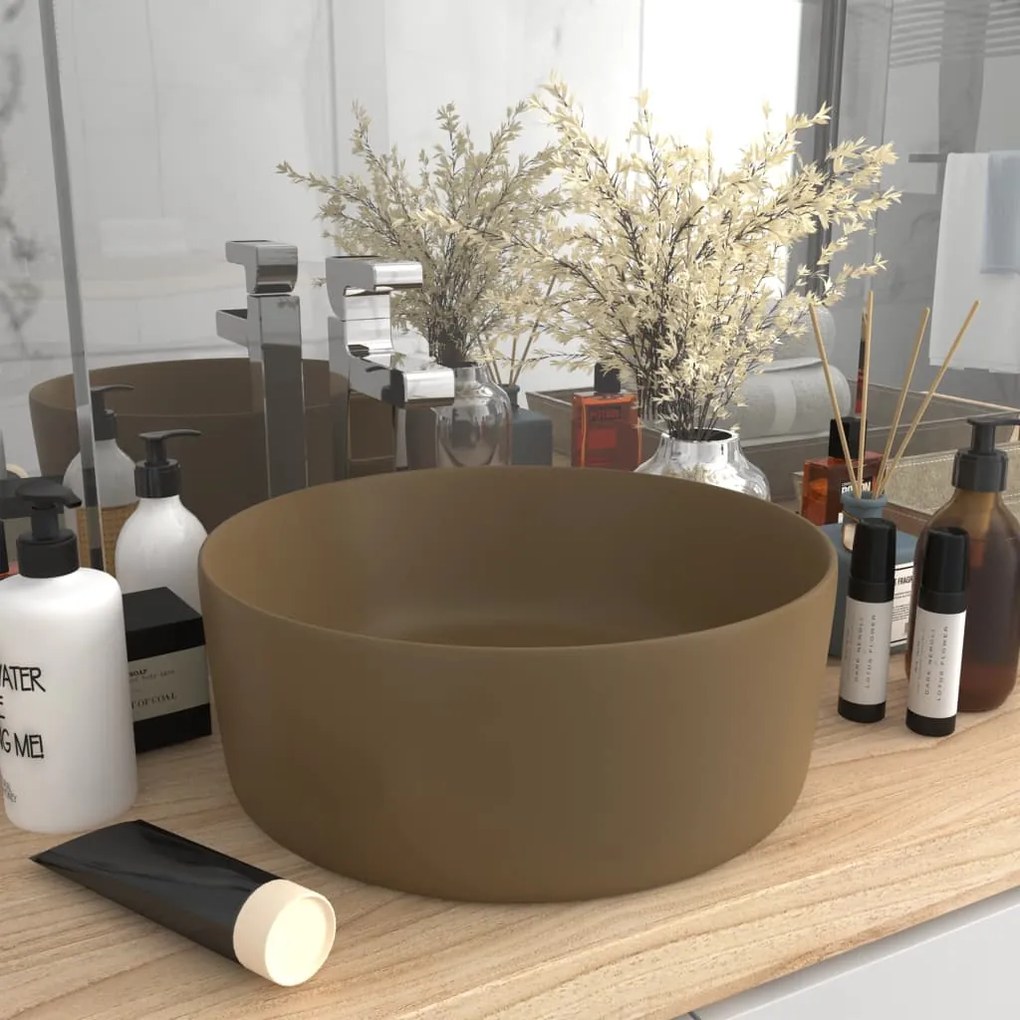 Luxusní umyvadlo kulaté matné krémové 40 x 15 cm keramické 147018