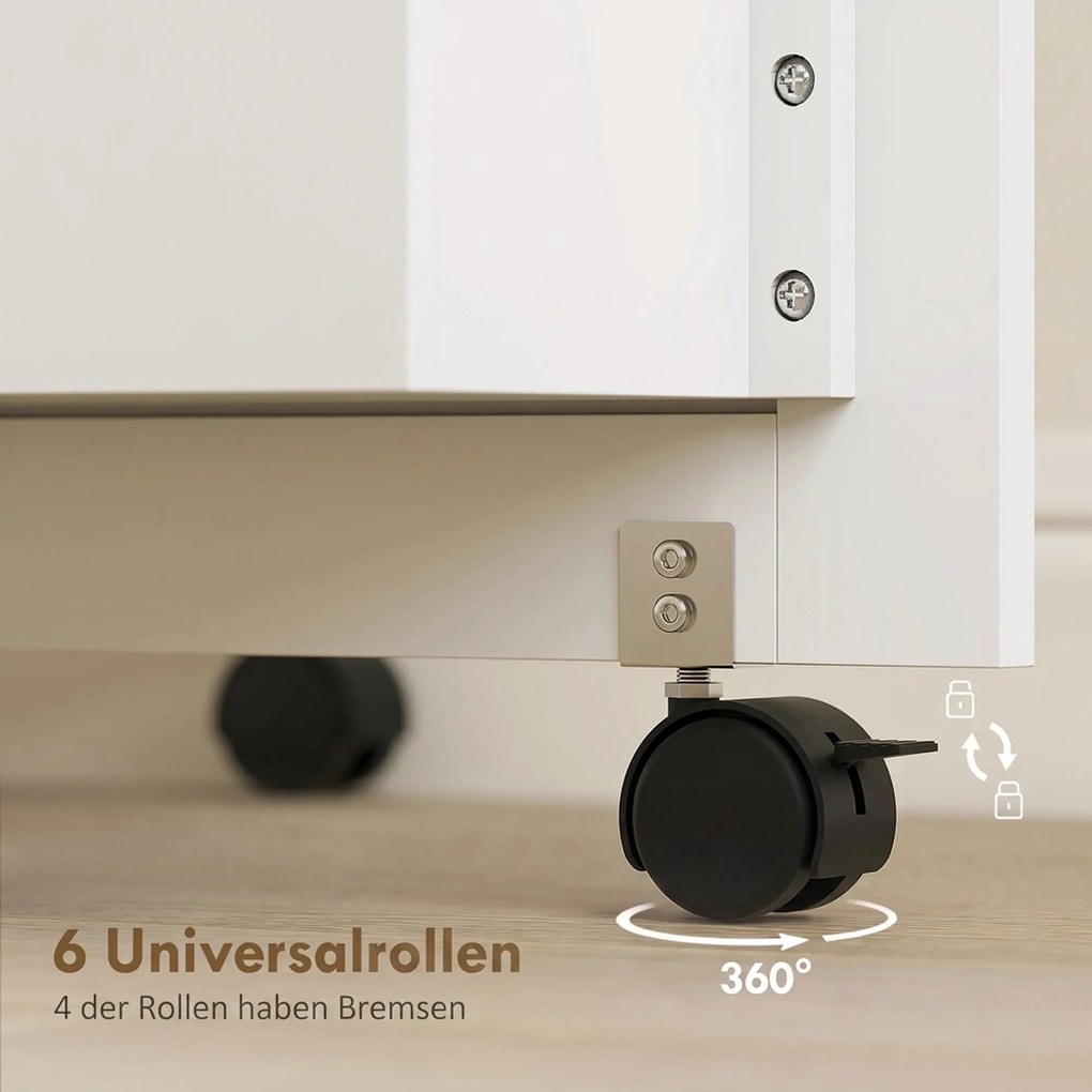HOMCOM Skládací šicí stůl s 2 magnetickými dveřmi, pojízdný tvořivý stůl s 4 boxy, 20 držáků, úložný prostor, bílá