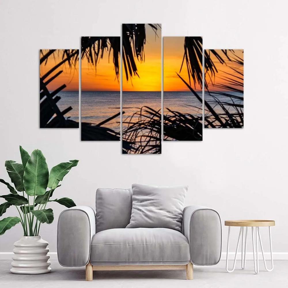 Obraz na plátně pětidílný Západ slunce s mořskou palmou - 150x100 cm