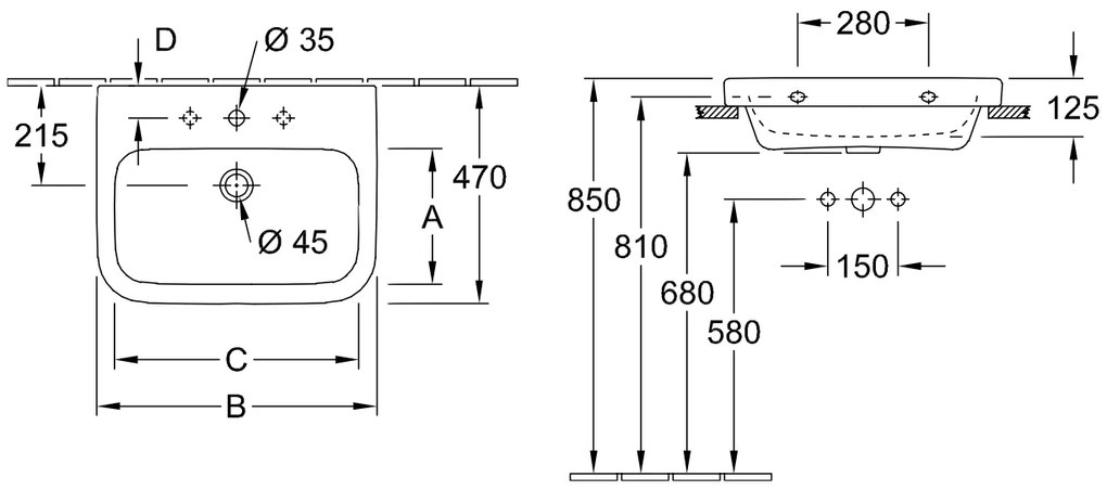 Villeroy & Boch ARCHITECTURA - Umyvadlo, 600x470x180 mm, s přepadem, bílá alpin 41886G01