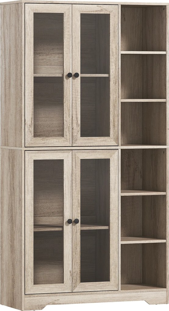 HOMCOM kuchyňská skříňka s vitrínou se 4 skleněnými dveřmi Soft-Close a nastavitelnými policemi, 90x35x172 cm, šedá