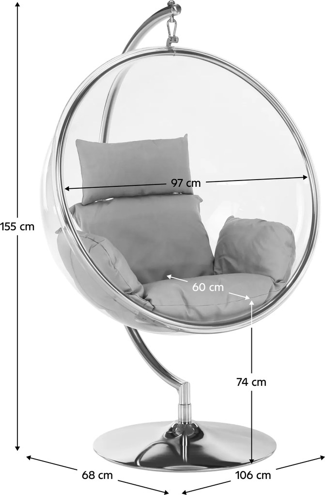 Závěsné křeslo se stojanem, transparentní/stříbrná/šedá, BUBBLE NEW TYP 3