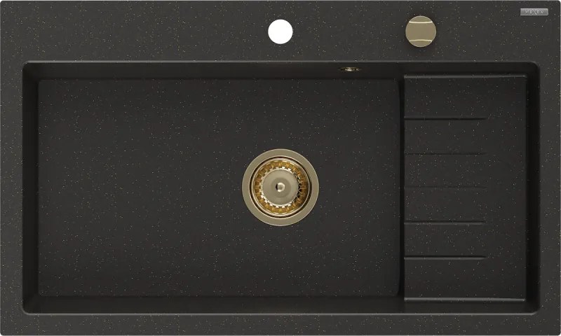 Mexen Omar, 1-komorový granitový dřez 800x480x210 mm, černá-zlatá metalíza, zlatý sifon, 6520801005-75-G