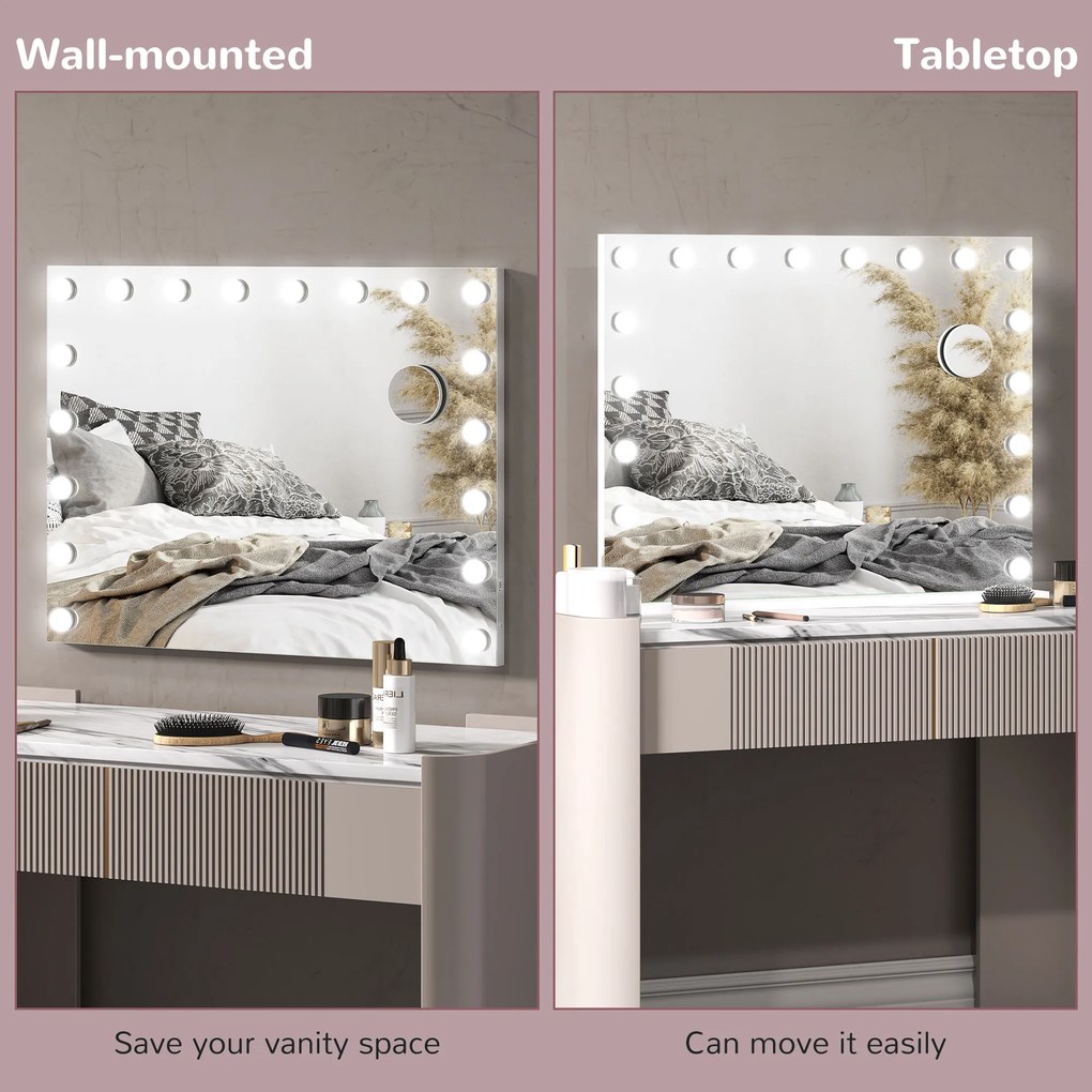 HOMCOM Hollywood Mirror s 18 LED diodami Make-up Mirror 80x60 cm Toaletní zrcadlo se 3 barvami světla, nastavitelný jas