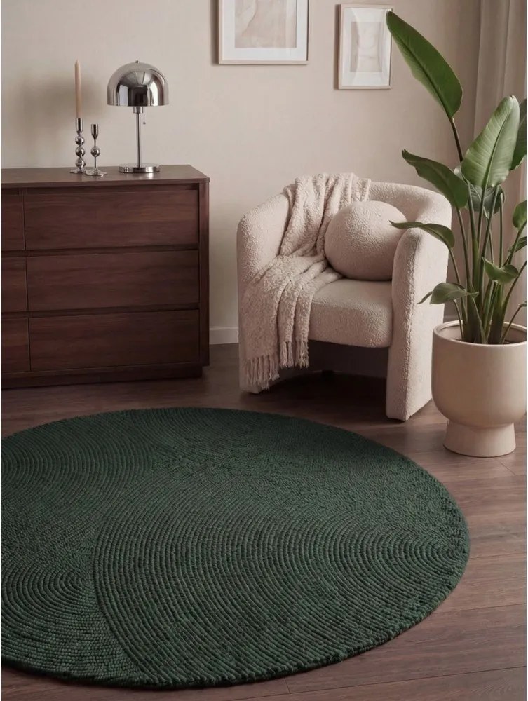 Tmavě zelený ručně tkaný vlněný kulatý koberec ø 150 cm Calmio – Hanse Home