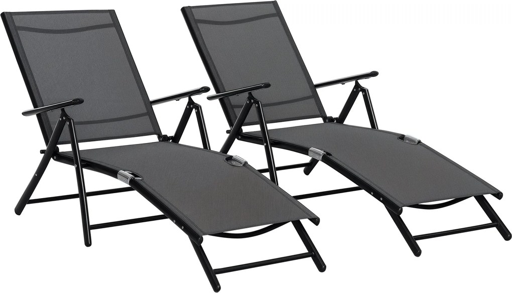 Set 2 skládacích zahradních lehátek Outsunny s 7-mi polohovým nastavitelným opěradlem, hliníkové lehátko na pláž s prodyšnou síťovinou, černé | Aosom