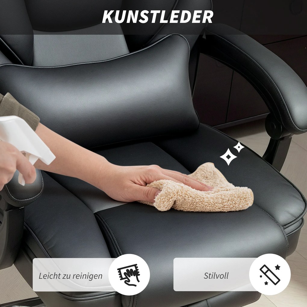HOMCOM Kancelářská židle ergonomická, výškově nastavitelná, otočná s opěrkou bederní páteře, opěrkami rukou, opěrkou nohou, PU kůže, černá