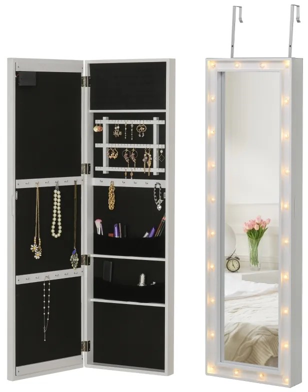 HOMCOM Skříňka na šperky (šperkovnice) se zrcadlem a LED osvětlením, nástěnná / závěsná, bílá, 36,6 x 8 x 120 cm 831-330