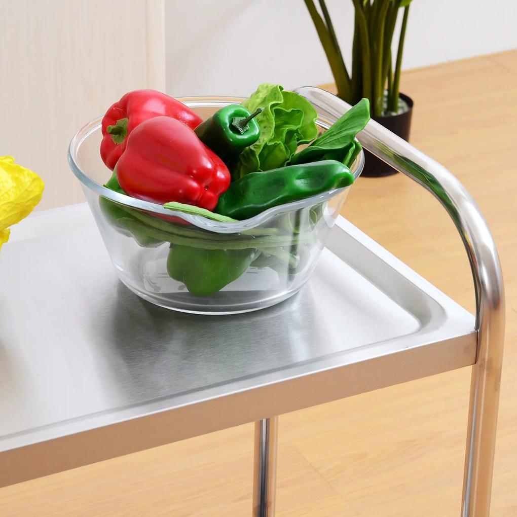 HOMCOM Nerezový Užitkový Vozík s Kolečky do Kuchyně s Přihrádkami a 2 Rukama pro Jídelnu a Obývací Pokoj 70,5x40,5x81 cm Stříbrná