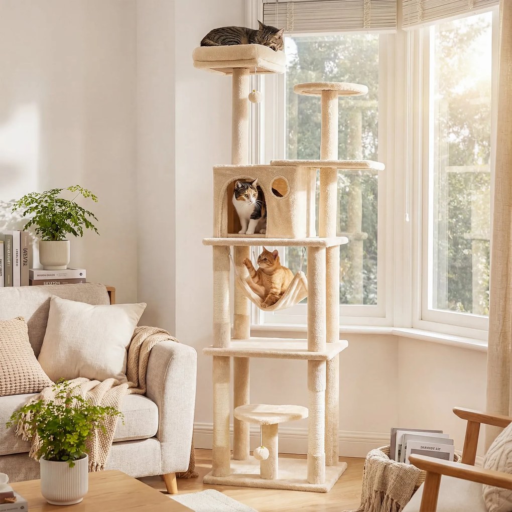 Costway Kočičí strom 168 cm Vícepatrové škrabadlo s domečkem pro kočky
