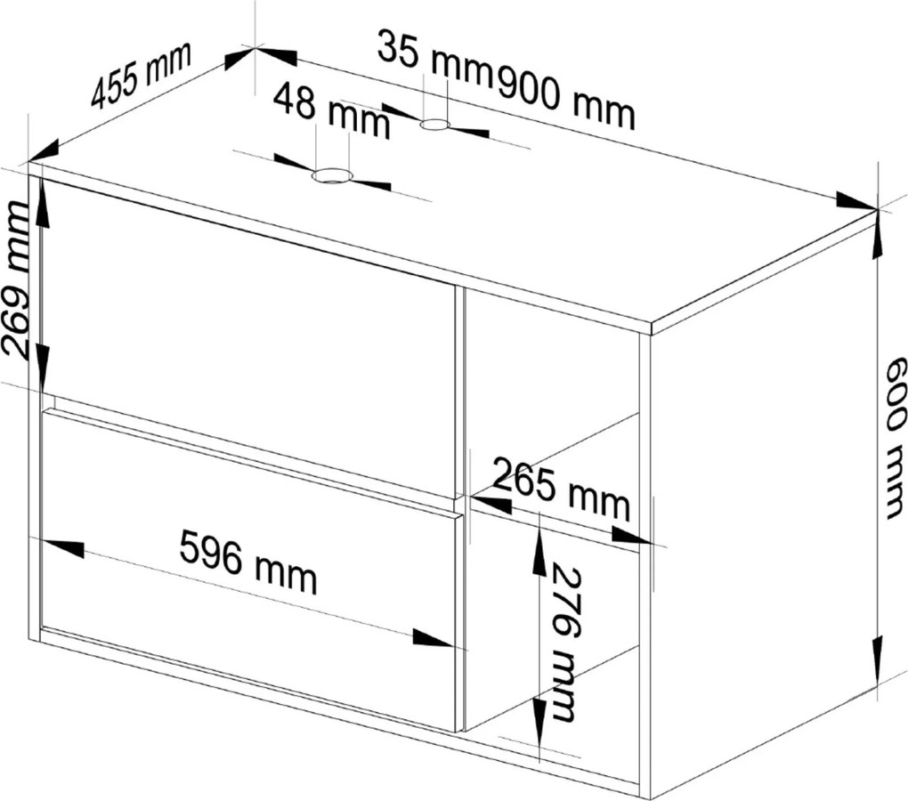 Závěsná skříňka pod umyvadlo VAMI s otvory 90 cm bílá/šedý grafit