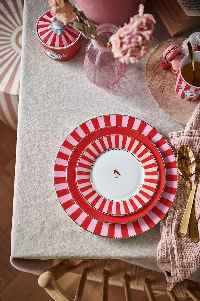 Pip Studio Love Birds stripes talíř Ø 17cm, červeno-růžový (dezertní talířek)