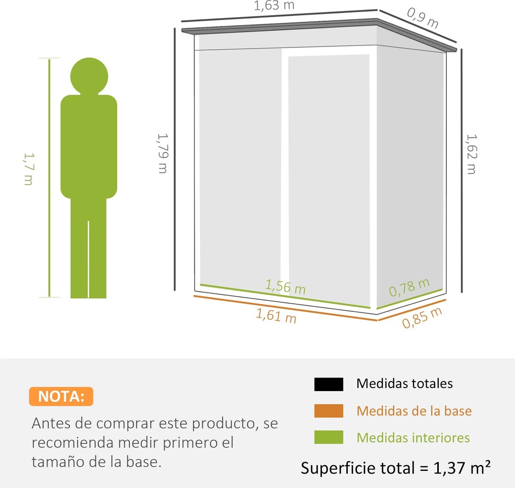 Outsunny venkovní pozinkovaný zahradní domek 1,37 m², 163 x 90 x 179 cm (šířka x hloubka x výška) – uzamykatelné dveře, větrací otvory, úložný prosto…