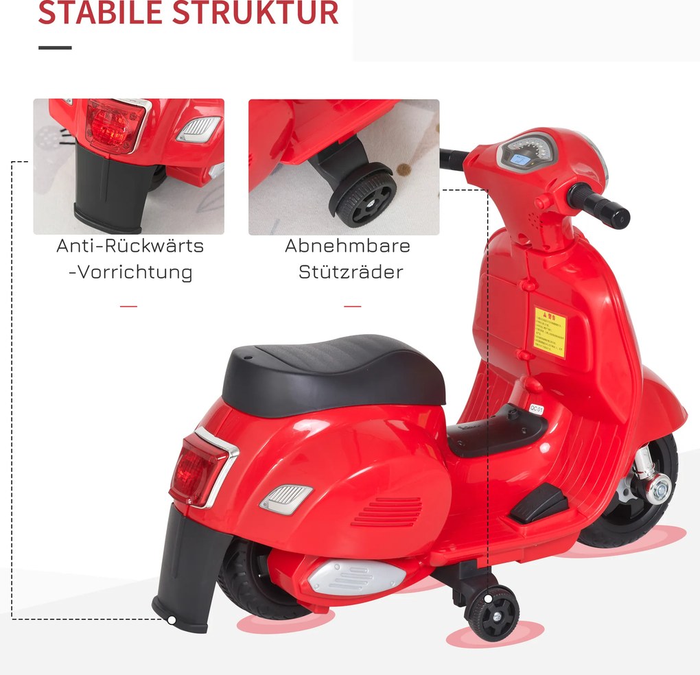 HOMCOM VESPA elektrická motorka dětská motorka elektrické vozidlo 18-36 měsíců 3 km/h LED světlo zvuk PP plast kov červená 66,5 x 38 x 52 cm | Aosom
