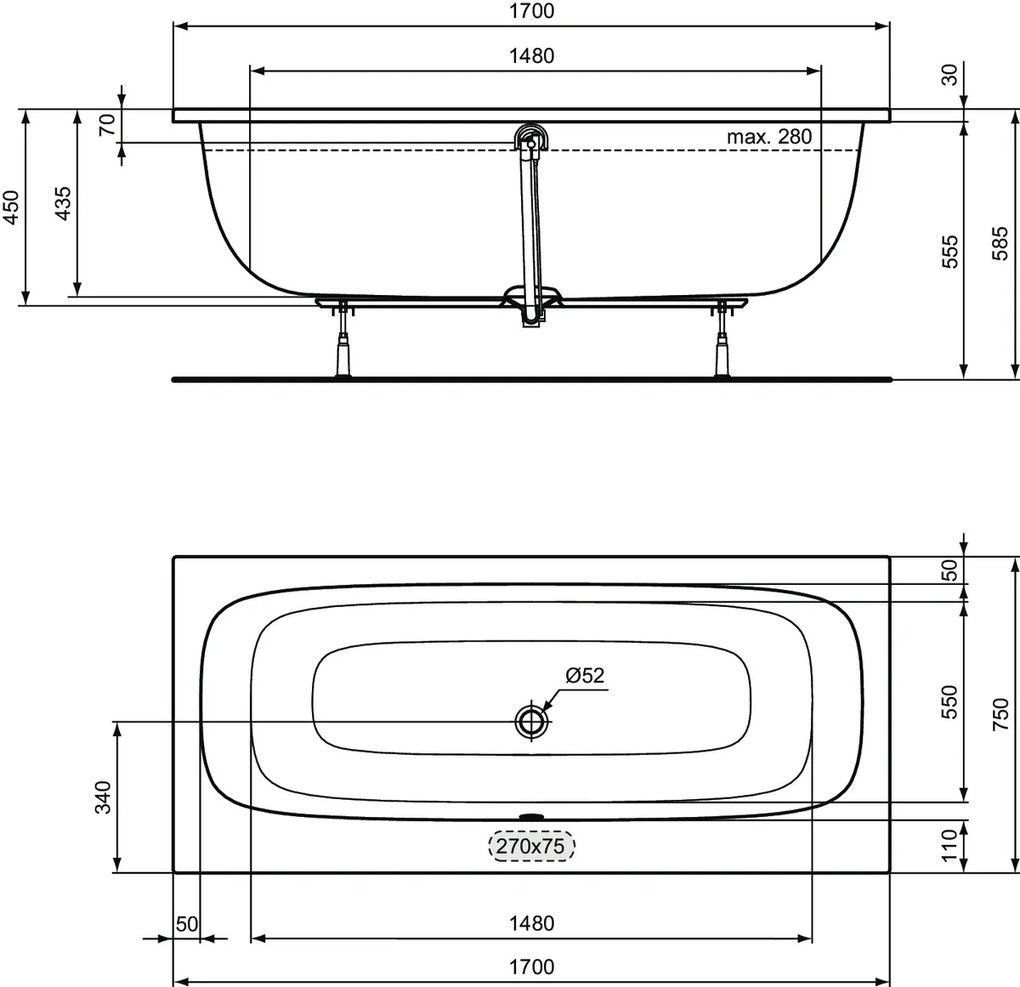 Ideal Standard i.life - Obdélníková vana DUO 170x75 cm, bílá T476301