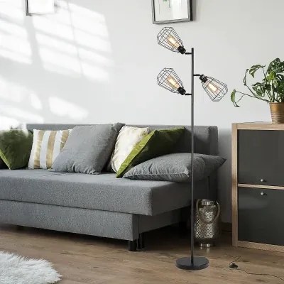 HOMCOM průmyslová designová stojací lampa 3 žárovky max. 40 W, stínidlo v podobě klece, černá