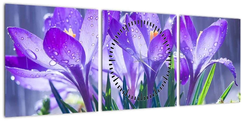 Obraz květin v dešti (s hodinami) (90x30 cm)