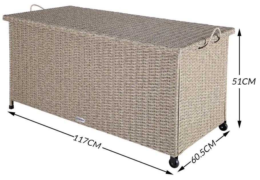 Zahradní úložný box, polyratan, kolečka, 117 x 53 x 60 cm, krémový 106707