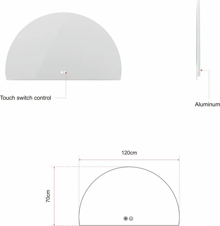 Erga Kori, půlkruhové LED zrcadlo 70x120cm, 2760 lm, 3 barvy světla, ERG-V01-KORI-7012-CL