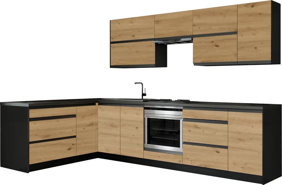 Rohová univerzální kuchyňská linka 300x180, dub artisan/černá, BRECK